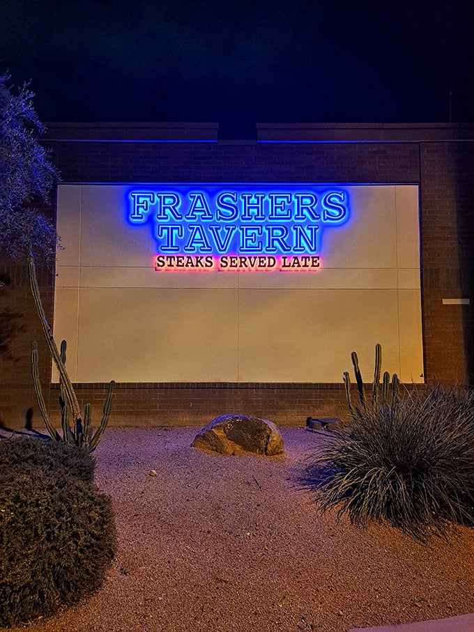 "Steaks Served Late" might be the three most beautiful words in the English language. Frashers' blue neon cuts through the desert night.