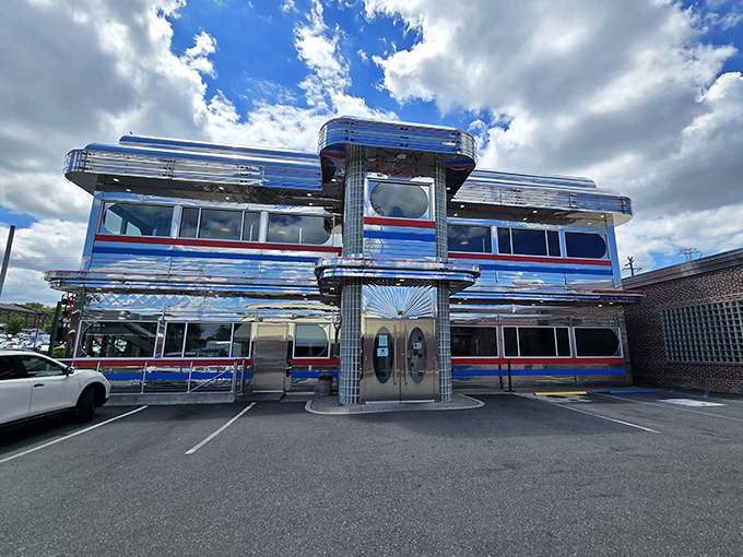 Goobers Diner gleams in the sunlight like a chrome spaceship that crash-landed with cargo holds full of breakfast delights.