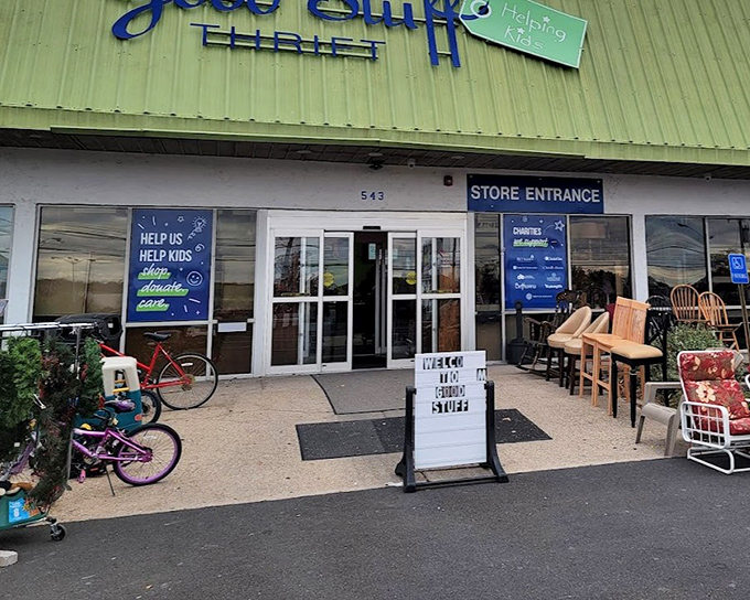 Good Stuff Thrift lives up to its name with a cheerful green exterior that practically shouts "Bargains inside!"