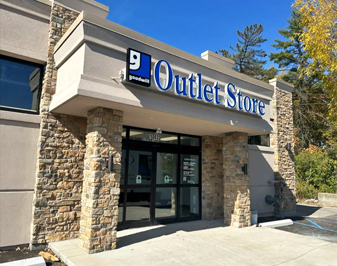 Goodwill Outlet's stone facade hides the bin-diving adventures waiting for treasure hunters with patience and sharp eyes.