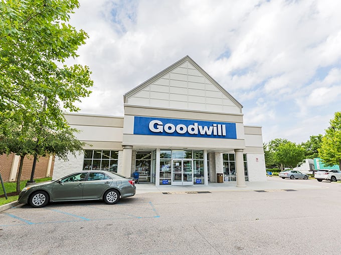 Classic curb appeal! Goodwill's welcoming facade offers the promise of hidden treasures beneath that iconic blue logo on a perfect Virginia afternoon.