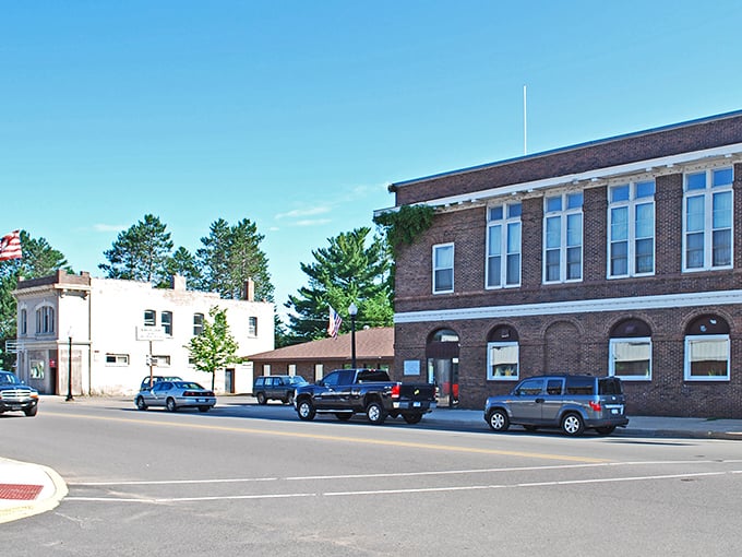 Classic brick architecture stands proudly against blue skies, like something from a Norman Rockwell painting.