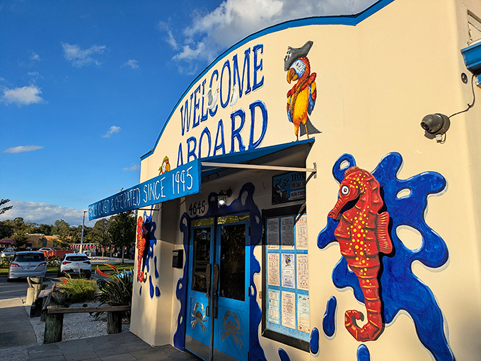 "Welcome Aboard" indeed! High Tide Harry's colorful exterior promises seafood treasures within. The seahorse knows what's good.