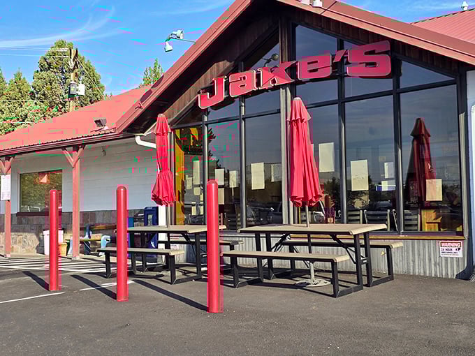 Jake's bold red signage announces itself with confidence &ndash; like that friend who always knows where to find the best breakfast.