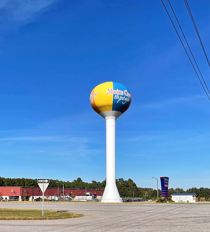 Marion's beach ball on a stick water tower is like the town's exclamation point: "Hey world! We're colorful AND affordable!"