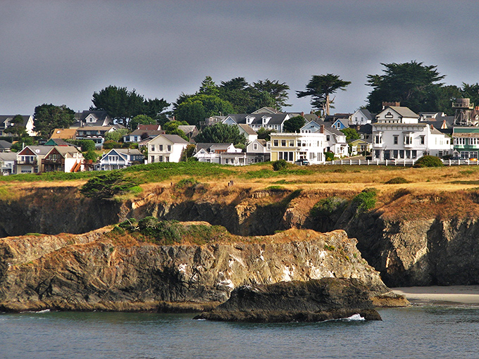 Mendocino's Victorian homes perch dramatically on coastal cliffs like elegant spectators at nature's greatest show&mdash;the meeting of land and sea.