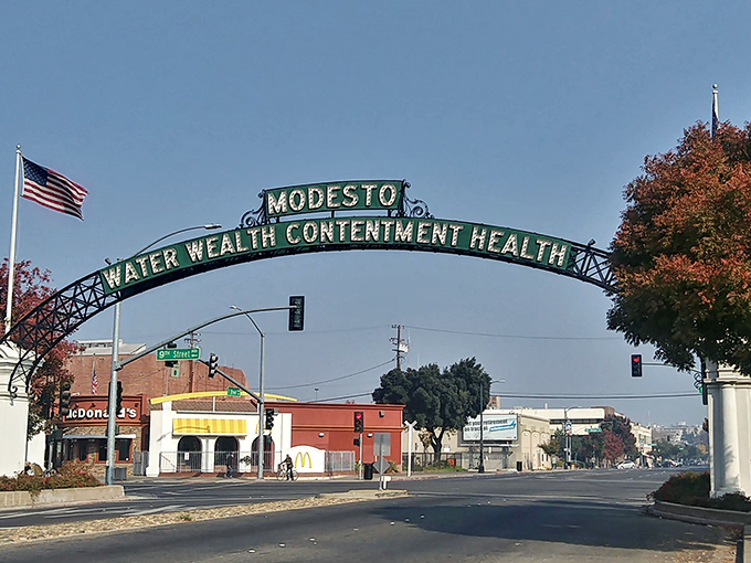 Modesto's famous arch proves that small-city pride runs deep, standing tall over streets where classic cars still cruise on summer nights.