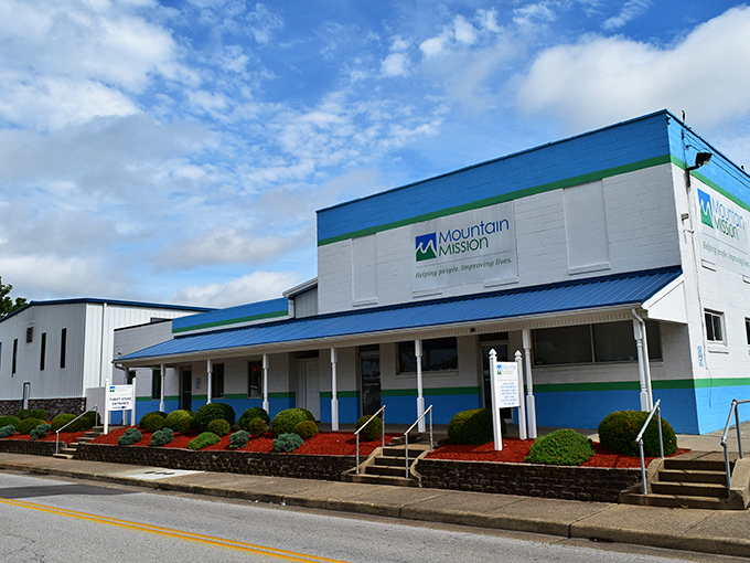 Mountain Mission's cheerful blue and white building stands out like a beacon of bargain hope.