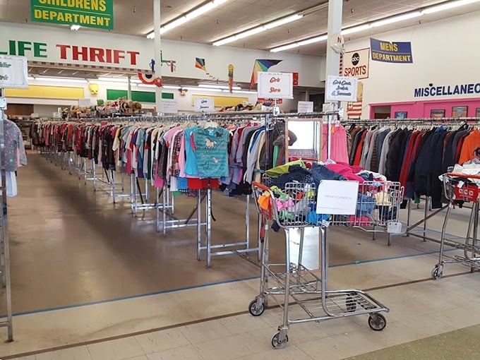 Inside New Life Thrift, color-coded departments guide you through a sea of possibilities without needing a treasure map.