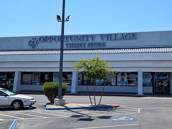 Opportunity knocks! This bright Las Vegas thrift haven stands proudly under Nevada's endless blue sky, promising treasures beyond its unassuming exterior.