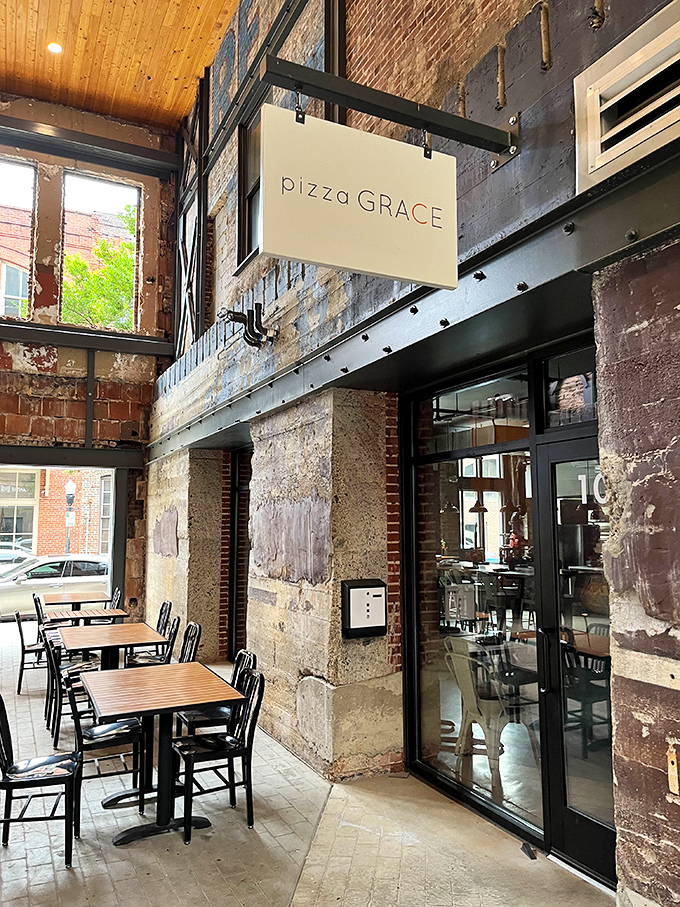 Pizza Grace's industrial-chic entrance sets the stage for a thoroughly modern pizza experience.