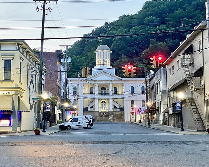 Downtown Pomeroy welcomes evening visitors with warm glowing storefronts&mdash;small-town magic hour at its finest.