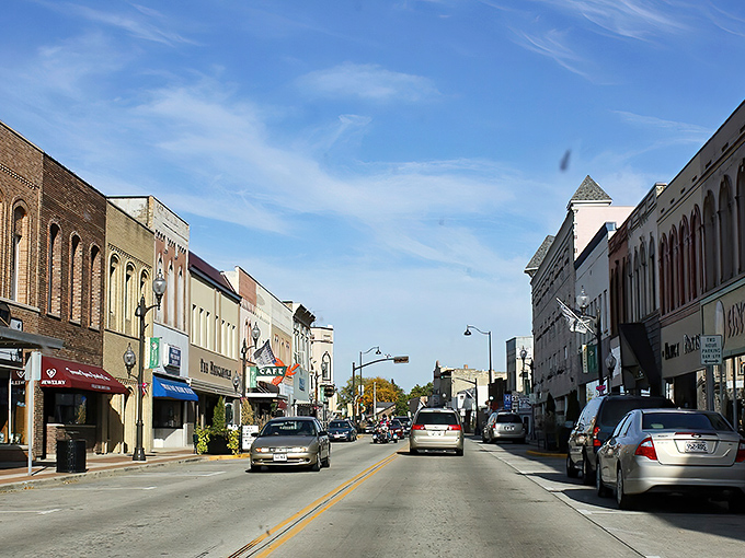 Portage's main street stretches toward the horizon like a living timeline, where vintage architecture meets modern small-town living.