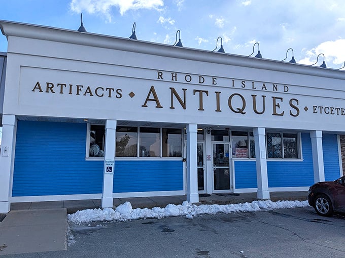 The bright blue facade of Rhode Island Antiques Mall stands out like a sapphire in Pawtucket's crown.