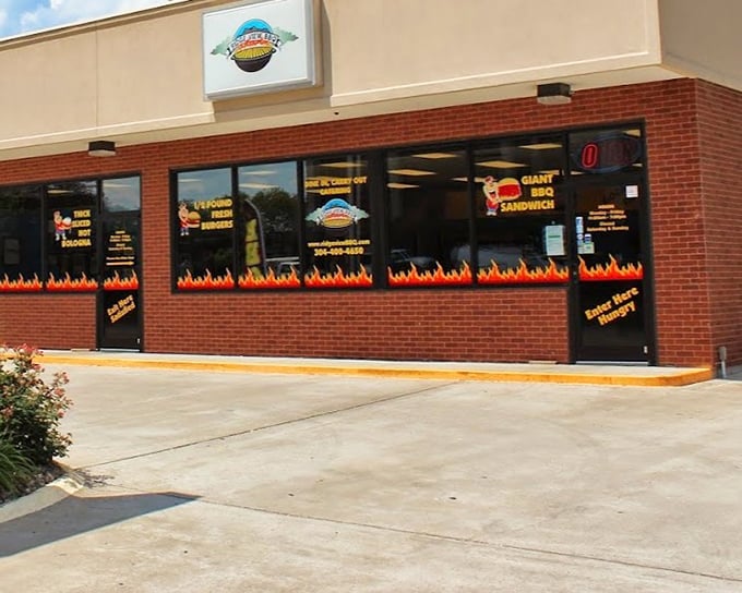 Ridge View BBQ's flame-decorated windows tell you exactly what's happening inside. Like a BBQ bat signal calling hungry heroes to the rescue!