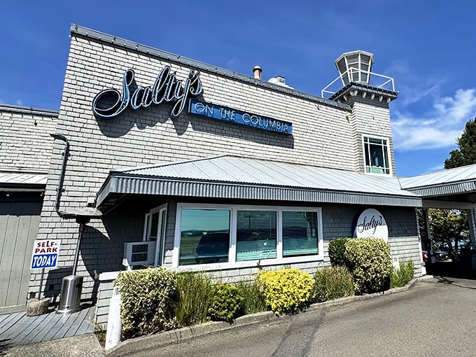 Salty's elegant white exterior hints at the refined seafood experience waiting inside. River views and fresh catches—what more could you want?