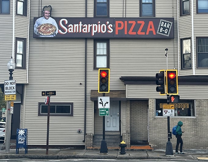 Santarpio's bold sign stands like a beacon for pizza pilgrims. No frills, no fuss&mdash;just legendary pies worth crossing town for.