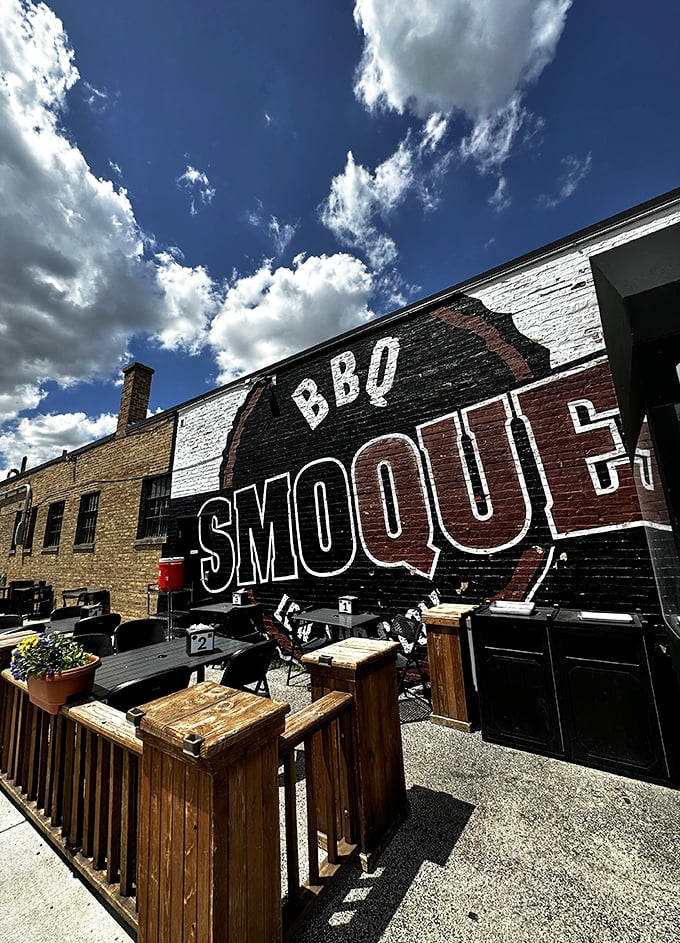 Smoque BBQ's bold brick wall mural announces its mission loud and proud to Chicago's hungry barbecue enthusiasts.
