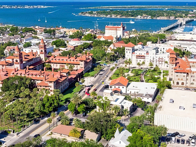St. Augustine's skyline reveals its Spanish colonial heritage, with terra cotta roofs and palm trees creating a postcard-perfect panorama.