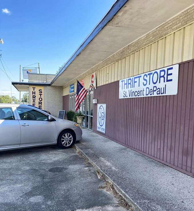 St. Vincent's modest exterior hides a world of charitable shopping. That American flag signals patriotic bargain hunting!