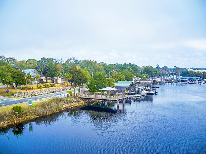 Steinhatchee's waterfront boardwalk invites leisurely strolls, perfect for spotting dolphins or planning your next fishing adventure.