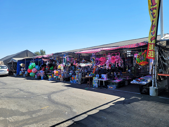 Toys, balloons, and colorful merchandise create a carnival atmosphere at Stockton's market. That pink display probably contains something your grandkids would love!