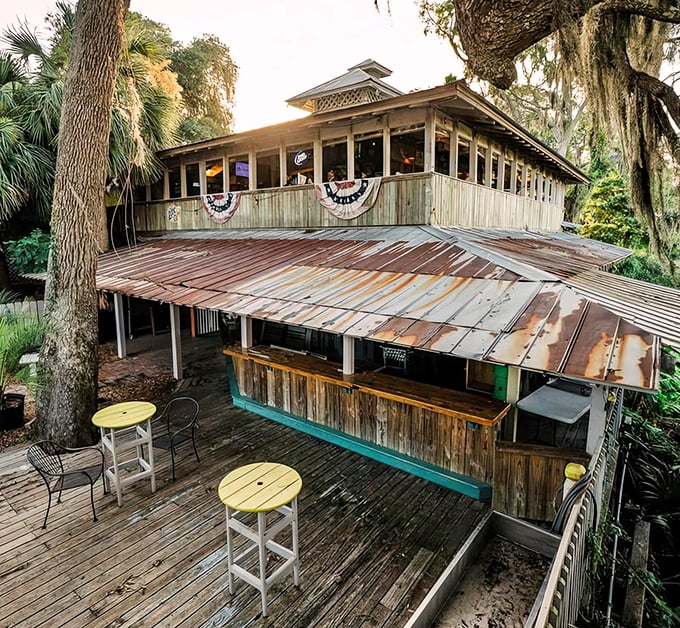 Sunbury Crab Company rises from the coastal landscape like a wooden ship that decided to drop anchor and serve incredible seafood instead.