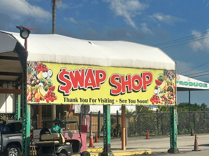 That "Swap Shop" sign promises exactly what it delivers—a vibrant marketplace where treasures and tasty treats await the patient browser.