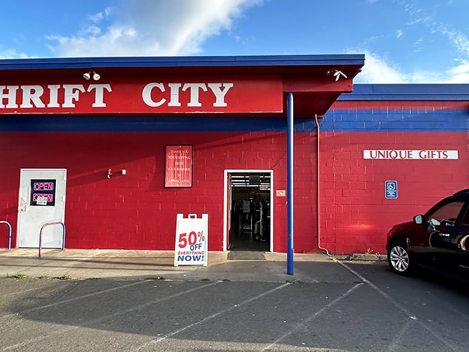 Thrift City's bold red exterior stands out like a cardinal in winter, complete with that irresistible 50% off sign.
