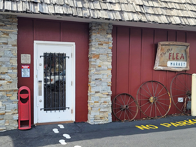 Bicycles, wagons, and nostalgia galore! This charming storefront at Thrifty Flea Market promises adventures in bargain hunting.