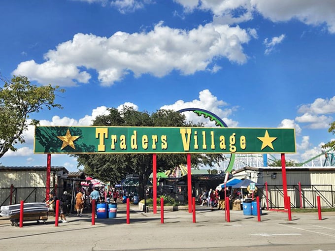 Welcome to the village of deals! Traders Village's iconic entrance arch promises a day of bargain hunting adventures.