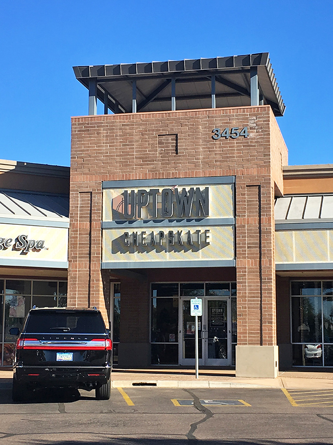 Uptown Cheapskate's stylish brick entrance promises a more boutique thrifting experience than your grandmother's rummage sale.