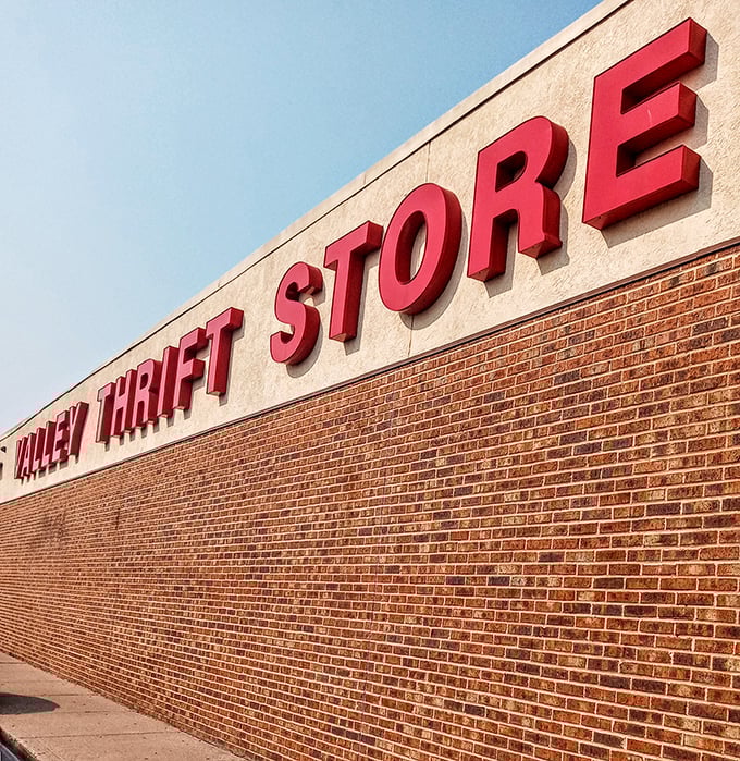 Valley Thrift's bold red letters practically shout "BARGAINS INSIDE!" Like a beacon calling to the frugal and fashionable alike.