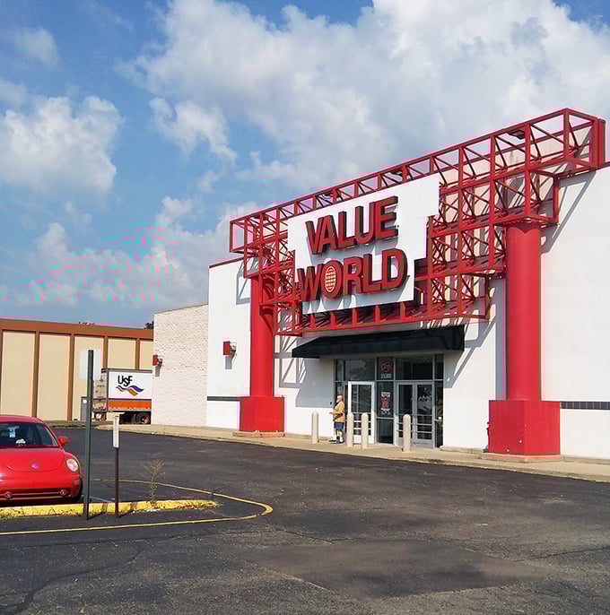 Value World's bold red entrance arch practically shouts "Bargains ahead!" It's the thrift store equivalent of a red carpet.