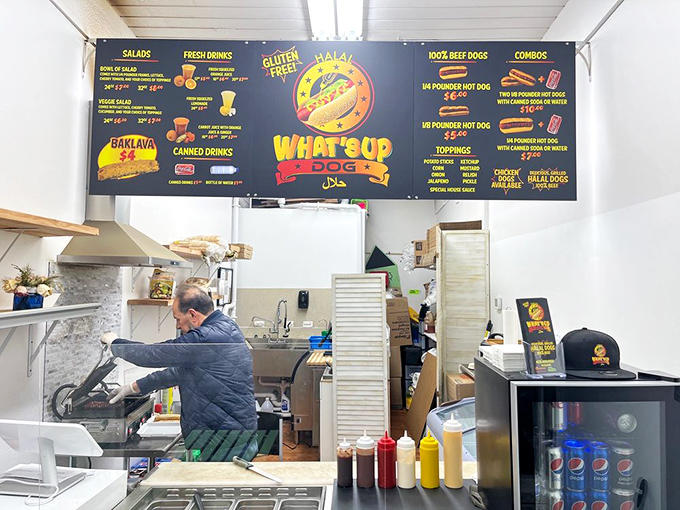 What's up? Delicious halal hot dogs, that's what! Their colorful menu board showcases options everyone can enjoy.