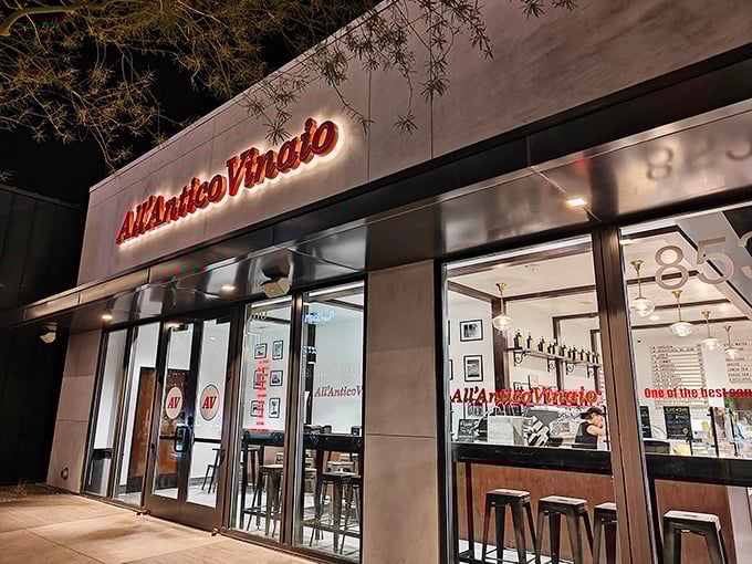 Night falls, but All'Antico Vinaio glows with promise &ndash; a Tuscan sandwich embassy on Nevada soil.