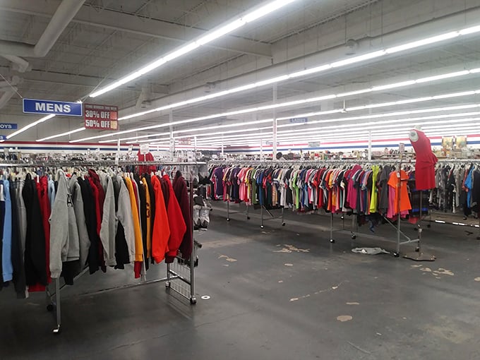 The men's department at America's Thrift is like a time capsule of fashion&mdash;thankfully without the 1970s polyester suits.