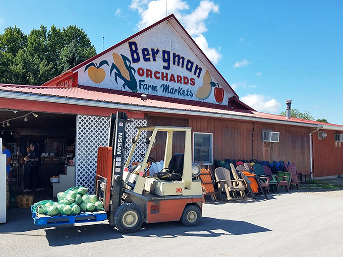 The weathered wood and colorful sign at Bergman Orchards promise farm-fresh treasures inside. That forklift isn't hauling ordinary produce&mdash;it's delivering joy!