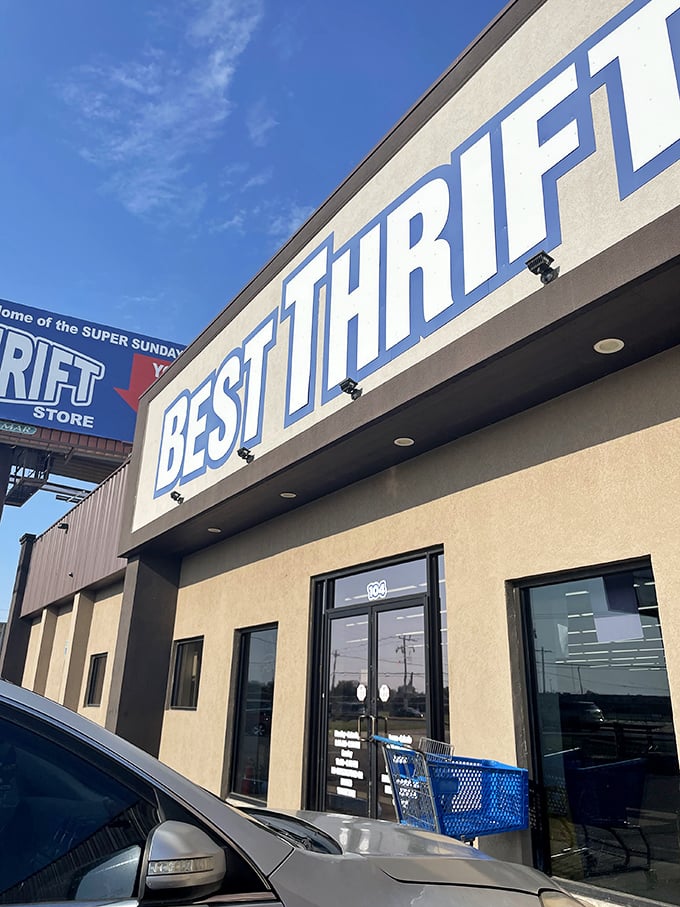 The simple storefront belies the bargain bonanza within. Best Thrift's sign is like a promise of adventures to come.