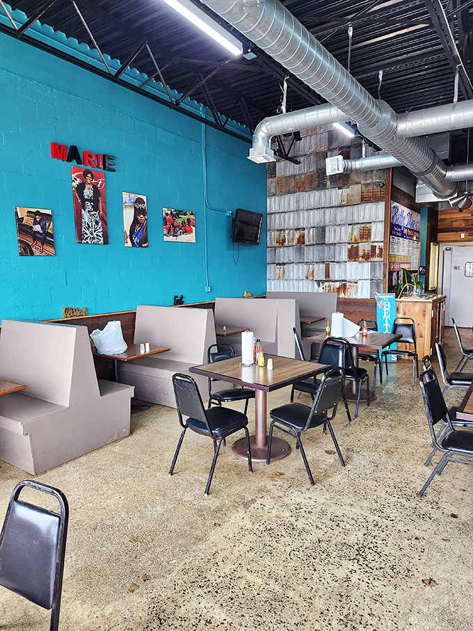 Turquoise walls and exposed ductwork create the perfect backdrop for chicken that's anything but industrial.