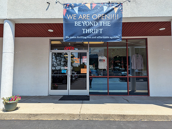 The red-trimmed entrance to Beyond the Thrift beckons with possibility. That "OPEN" sign might as well say "Treasure Hunt In Progress."