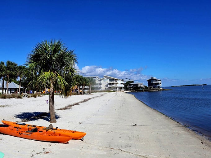 The kind of beach where kayaks outnumber sunbathers and the horizon stretches wider than your workweek worries.