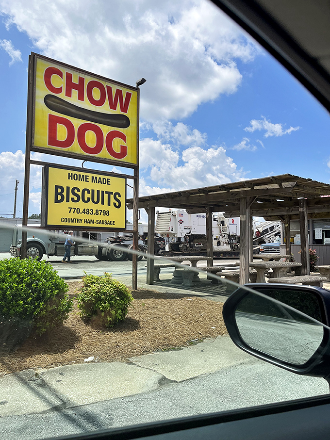 The rustic picnic tables at Chow Dog offer the perfect stage for a simple feast under Georgia skies.