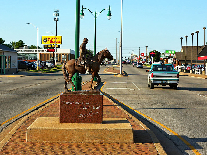 Will Rogers' hometown honors its famous son with this cowboy statue – a bronze reminder that Oklahoma hospitality never goes out of style.