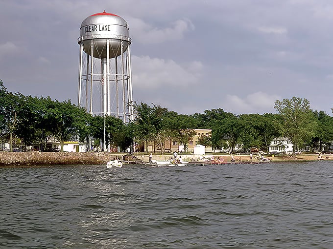 That iconic water tower stands guard over Clear Lake like a friendly neighborhood sentinel.