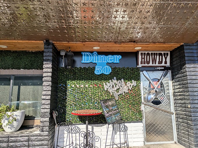 "Howdy" says the door at Diner 50, where the star-studded ceiling tiles have witnessed countless breakfast epiphanies.