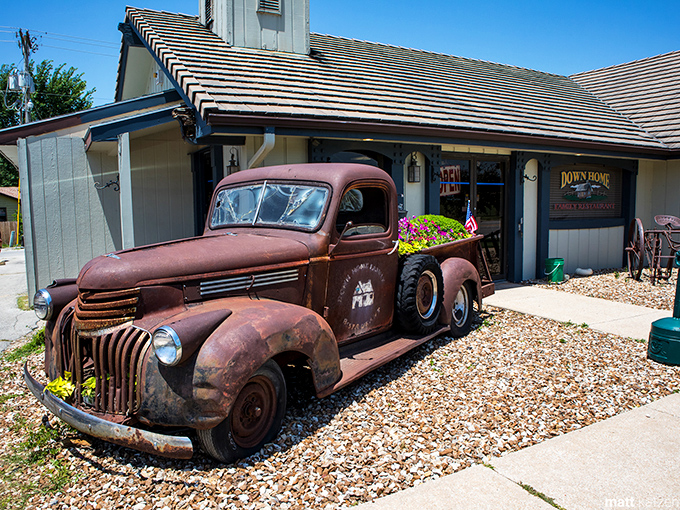 Rusty on the outside, blooming with charm. This weathered truck perfectly captures the soul of Independence's favorite comfort spot.