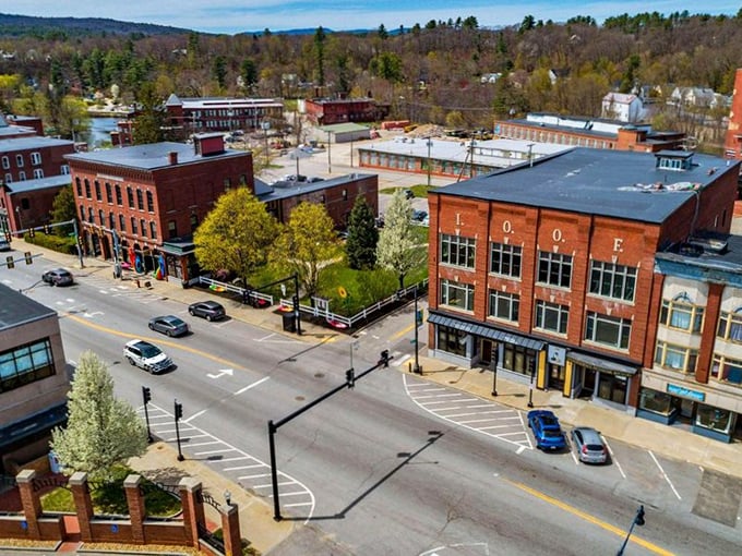 A bird's eye view of Franklin reveals its classic New England layout&mdash;brick buildings, tree-lined streets, and a community designed for walking, not wallet-emptying.