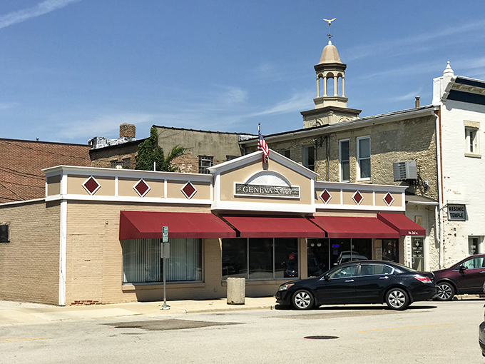 Bathed in golden sunlight, Geneva Diner stands as a testament to the enduring appeal of classic American breakfast. Those red awnings have sheltered generations of hungry patrons.
