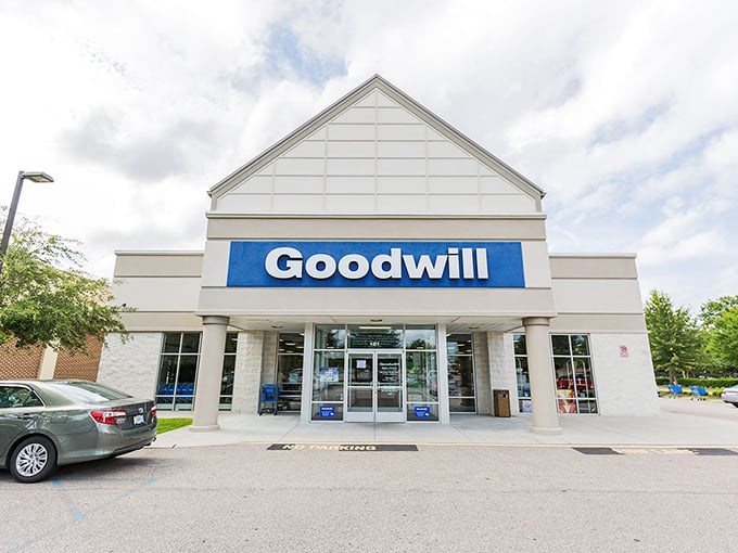 "No parking" for indecision! This Goodwill's pristine exterior and bold blue signage beckon shoppers to dive into a world of secondhand wonders.